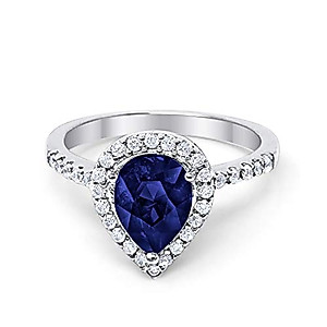 Halo Teardrop Bridal Filigree Ring Pear Simulated Blue Sapphire Round Cubic Zirconia 925 Sterling Silver, Size-5