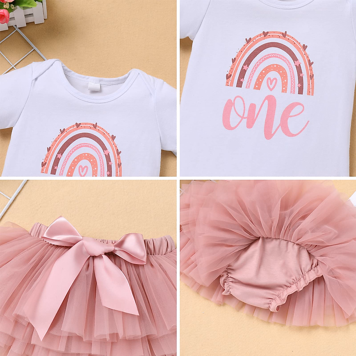 Baby Boho Rainbow 1st Birthday Outfit Toddler Girl Cake Smash Romper Tutu Skirt with Diaper Covers Flower Headband Photo Shoot Hippie Bohemian Themed First Birthday Party Supply One 1 Year Dusty Pink