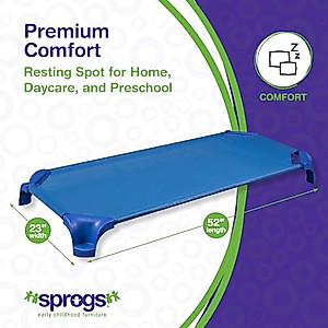 Sprogs Heavy-Duty Stackable Standard Size 52"L Daycare Cots for Kids and Toddlers, Stacking Preschool Classroom Kids Cots for Sleeping, Resting, Naptime, Pack of 6, Blue
