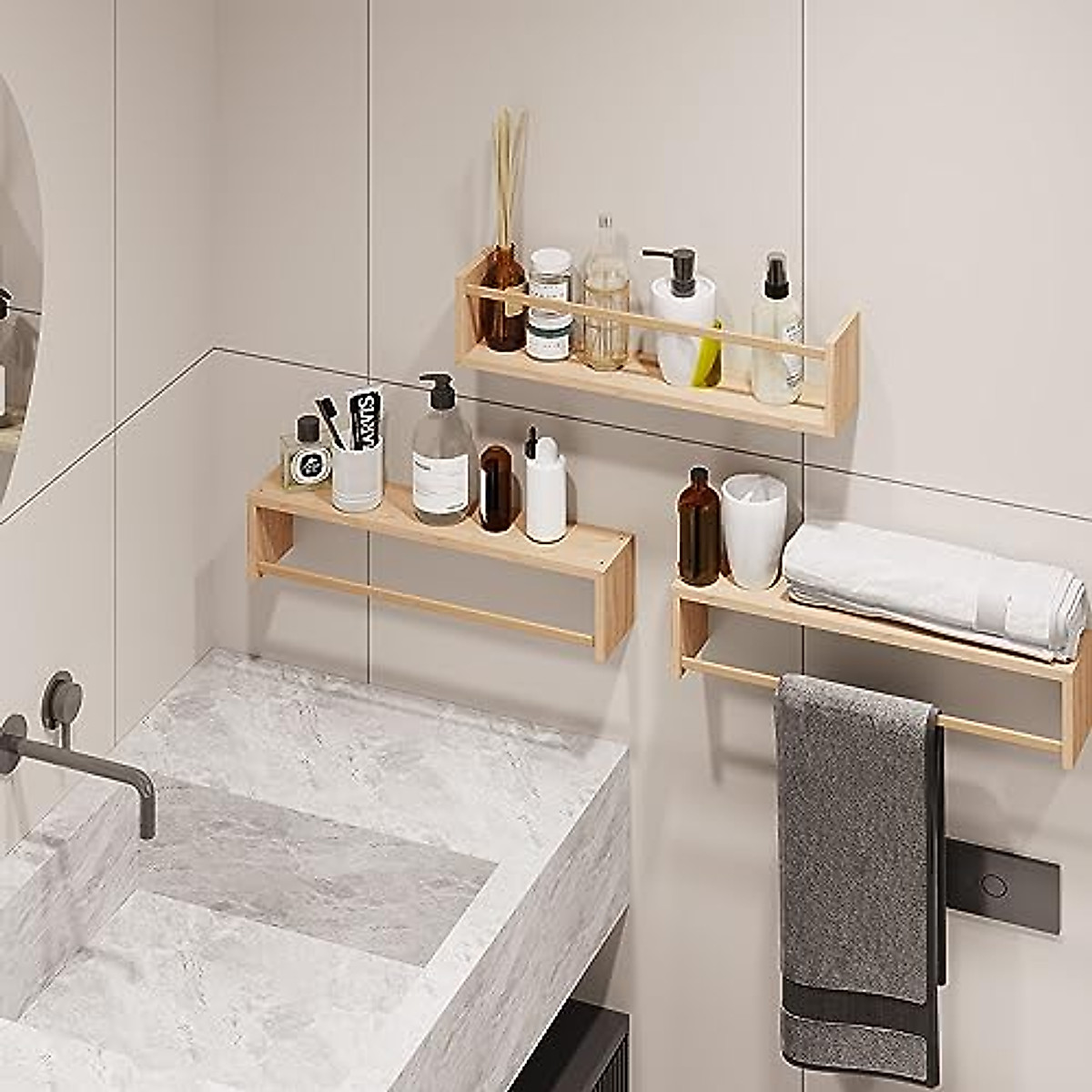 Fixwal Nursery Book Wall Shelves, 16.5 Inch Floating Bookshelves for Wall Set of 3, Baby Nursery Decor, Solid Wood Wall Mounted Shelves for Books, Toys and Decor Storage (Natural Wood)