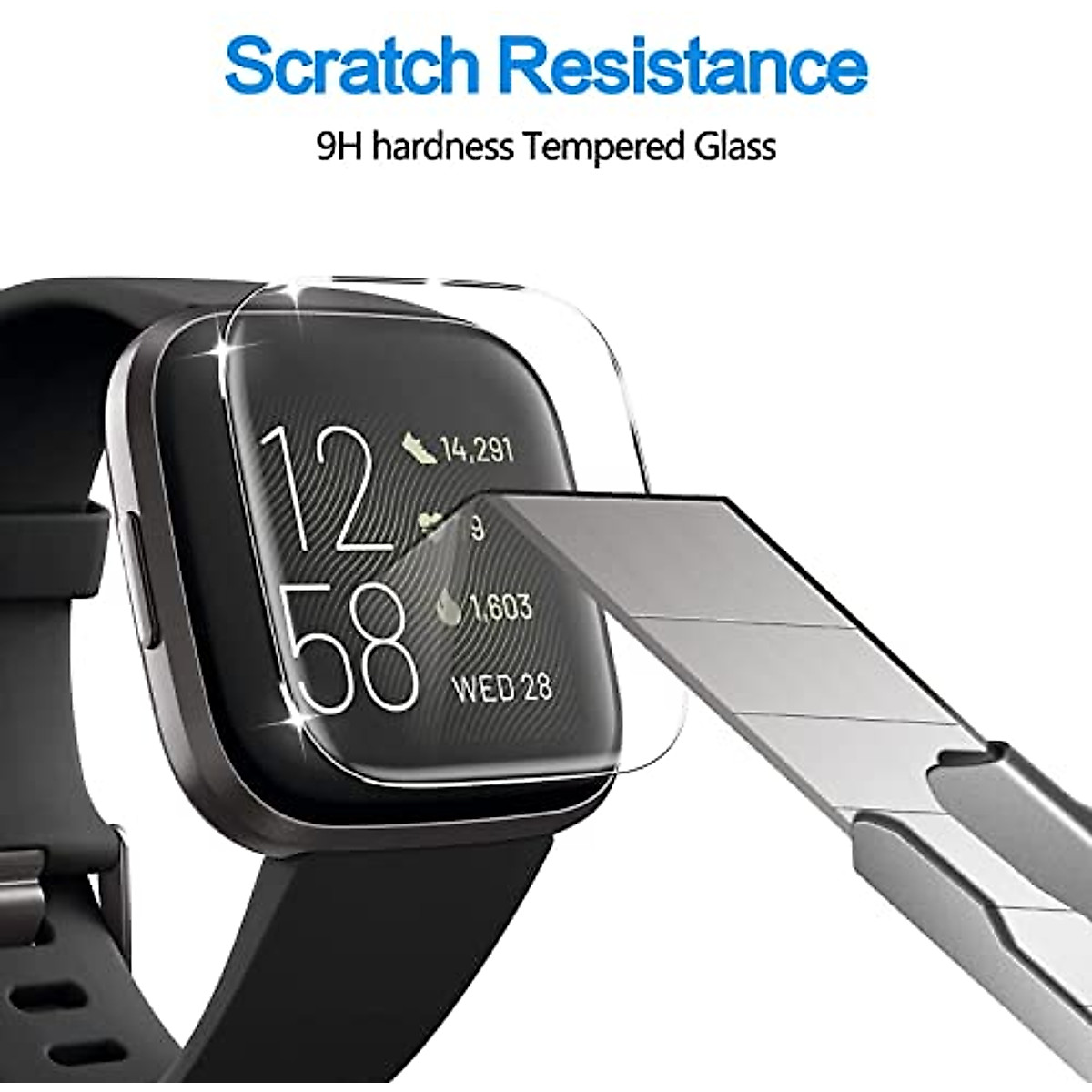 [5 Pack] Compatible for Fitbit Versa 2 Tempered Glass Screen Protector, YMHML Waterproof 9H Hardness Crystal Clear [No-Bubble] Anti- Scratch Easy Installation Film for Fitbit Versa 2 Accessories