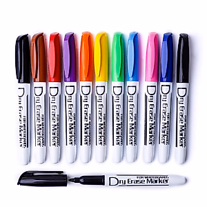 Volcanics Dry Erase Markers Low Odor Fine Whiteboard Markers Thin Box of 12, 10 Colors
