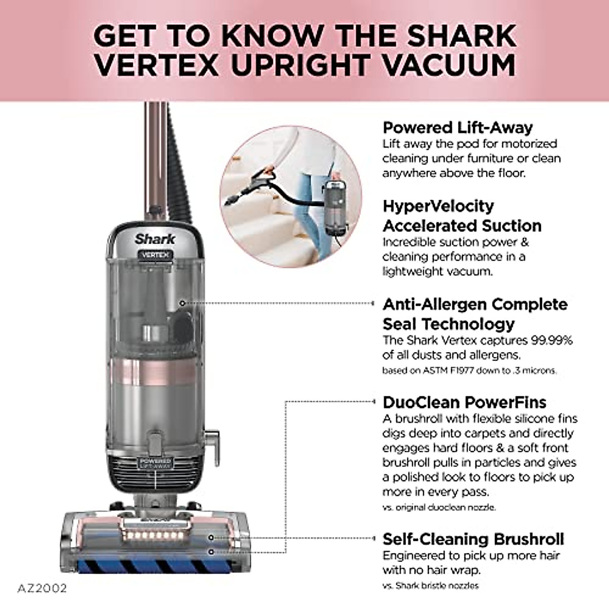 Shark AZ2002 Vertex Powered Lift-Away Upright Vacuum with DuoClean PowerFins, Self-Cleaning Brushroll, Large Dust Cup, Pet Crevice Tool, Dusting Brush & Power Brush, Silver/Rose Gold