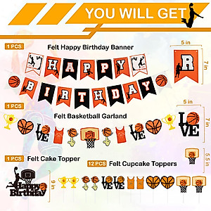 BORAMDO Basketball Party Decorations Pack, Basketball Birthday Party Supplies Including Basketball Felt Birthday Banner, Cake Toppers, Tissue Pom Pom Flowers (Basketball Birthday Party Set)