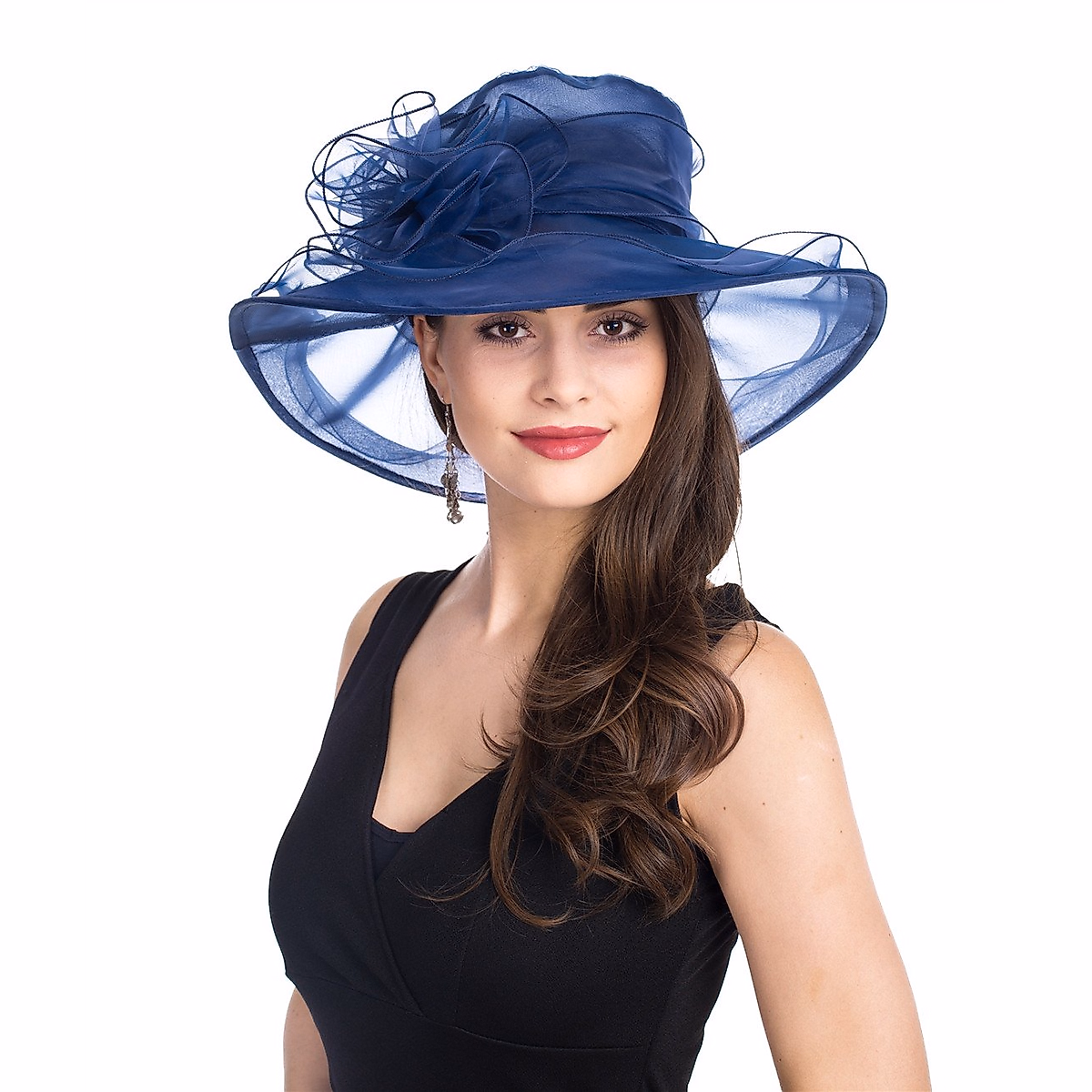 Lucky Leaf Women Church Cap Wide Brim Summer Sun Hat for Party Wedding(Hat1-2-Peacock Blue New)