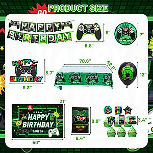 WODSMIN 254 PCS Green Video Game Party Supplies, Game Theme Decorations for Serves 10 Guests Plates, Cups, Hanging Swirls, Balloons, Banner, Cake Topper, Tablecloth and Backdrop for Birthday Party