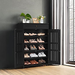 Yaheetech Shoe Cabinet, 5-Tier Shoe Rack Organizer with 1 Drawer, Freestanding Wooden Shoe Storage Cabinet with 2 Louvered Door & Adjustable Shelves for Entryway Hallway, Black