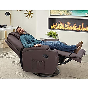 Shahoo PU Leather Chair with Massage Function Adjustable Home Theater Single Recliner Thick Seat and Backrest, 360° Swivel and Rocking Sofa for Living Room, Attractive Brown