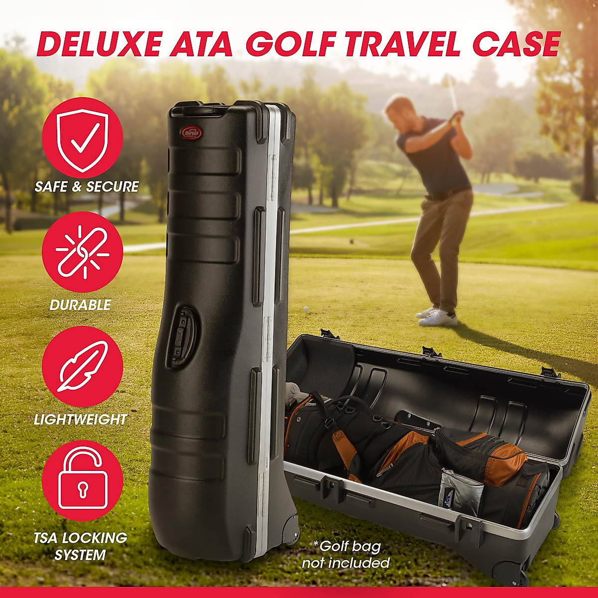 SKB Cases ATA Deluxe Standard Hard Plastic 49 In Long Interior Golf Bag Storage Traveling Case with Wheels and Reliable Secure Latches, Black