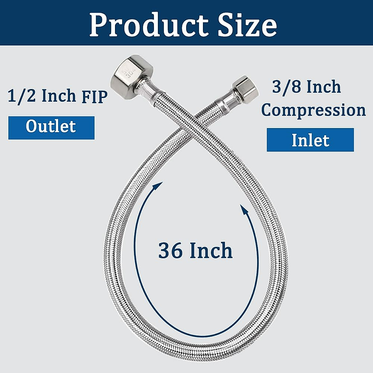 36" Faucet Supply Line,3/8" Comp x 1/2" FIP Kitchen Faucet Hose Connector with Plumbers Tape for Residence,Stainless Steel Braided Supply Line for Moderate Distance (Pack of 2)