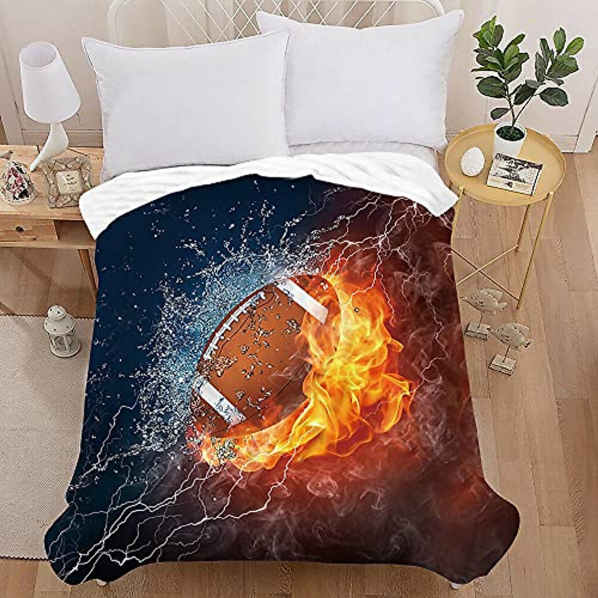 Football Blanket Soft Cozy Sherpa Water and Fire Sport Throw Blankets Football Gifts for Boys Kids Adult Plush Blanket for Couch Bed Sofa Home Decor(American Football,60"×80")