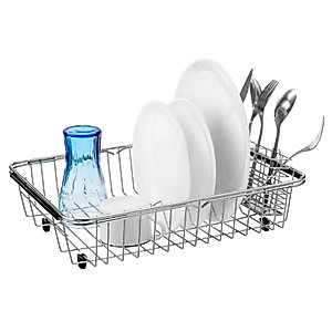 SANNO Dish Drying Rack with Stainless Steel Utensil Holder Large Dish Rack Drainer Drain Expandable Dish Rack Shelf Dish Rack in Sink or Over Sink or On Counter Rustproof Stainless Steel