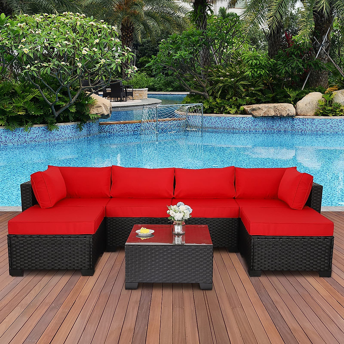 Lviden 7 Pieces Outdoor PE Wicker Furniture Set Patio Rattan Sectional Conversation Sofa Set with Red Cushions and Glass Top Table