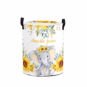 Cute Elephant Watercolor Sunflowers Storage Bin, Waterproof Oxford Fabric Clothes Basket Organizer for Laundry Hamper,Toy Bins,Gift Baskets, Bedroom, Clothes,Baby Nursery