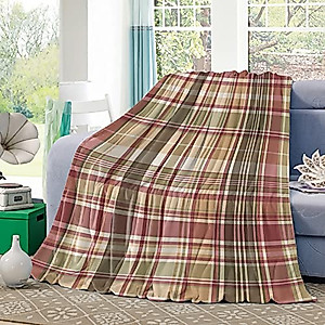 Throw Blanket- Autumn Buffalo Grid Soft Warm Plush Fleece Bed Throw,50x60In Flannel Blankets Abstract Retro Checker Bedding Throws for Women/Men Bedroom Living Room Office Decor Colorful Striped