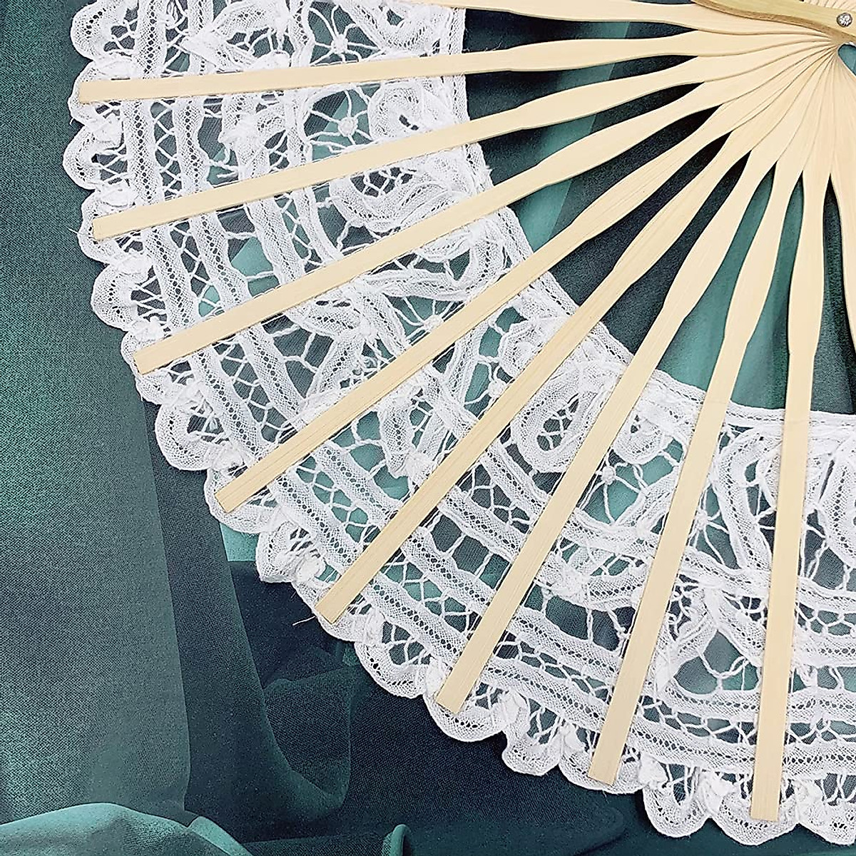 Propupy Folding Hand Fan Womens Lace Fan Elegant Cotton Fan Handmade Vintage Retro Fan with Bamboo Staves and Silk Tassels for Wedding Bridal Shower Dancing Party (White)