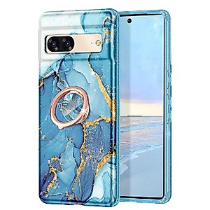 Hekodonk for Google Pixel 7 Case,Heavy Duty with Rotation Ring Kickstand Magnetic Car Mount Full Body Shockproof Rugged Protection Slim Marble Phone Case Cover for Google Pixel 7 Blue Marble