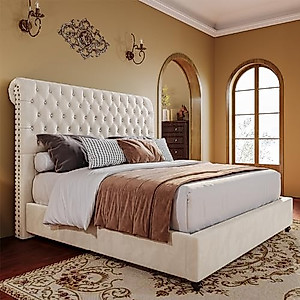 PaPaJet King Size Bed Frame Upholstered Bed Frame King with 52.8” Tall Headboard/Cream