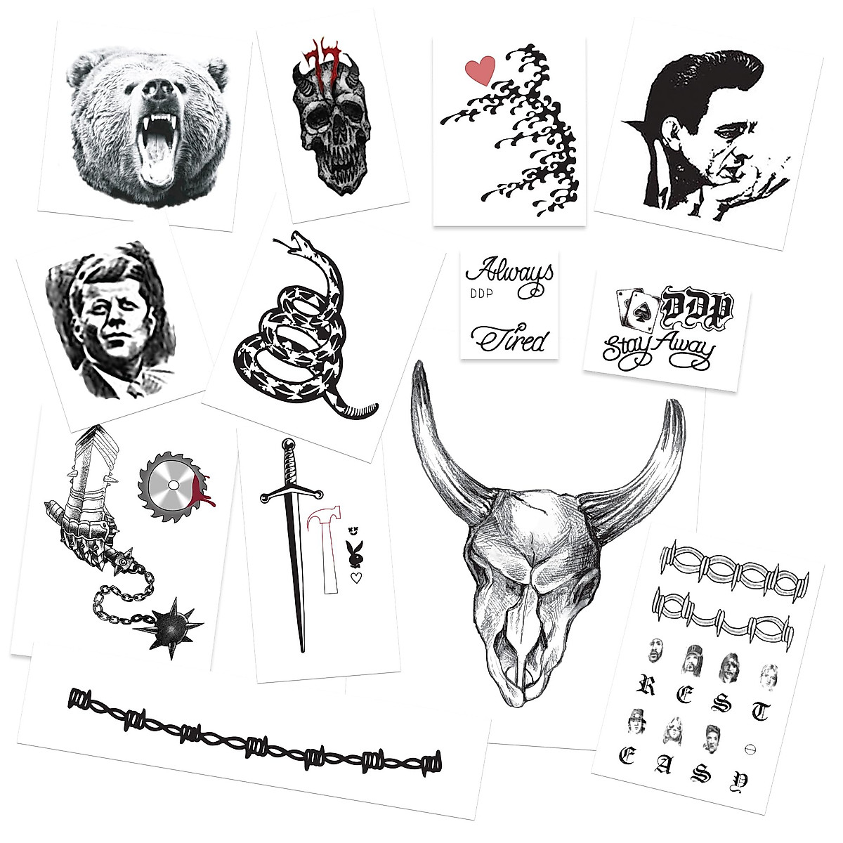 FashionTats Cosplay POST Male Singer Temporary Tattoos -UPDATED 2023- to include DDP, Skull, Flail, Circular Saw & Hammer | HAND & FACE TATTOOS | Skin Safe | MADE IN THE USA | Removable