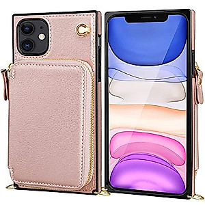 KIHUWEY iPhone 11 Crossbody Wallet Case PU Leather Wallet Case with Credit Card Holder Wrist Strap Kickstand Protective Lanyard Purse Cover Case for iPhone 11 6.1 Inch (Rose Gold)