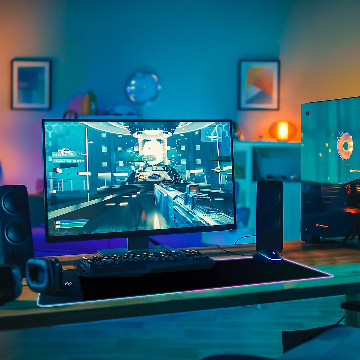 Macarrie 2 Pcs Charging Mouse Pad Cool Mouse Pad with 15w 31.5 x 11.8 x 0.2'' Fast Charging Extended Large LED Gaming Mousepad RGB Mouse Pad Non Slip Wireless Keyboard Pad for Office Desks
