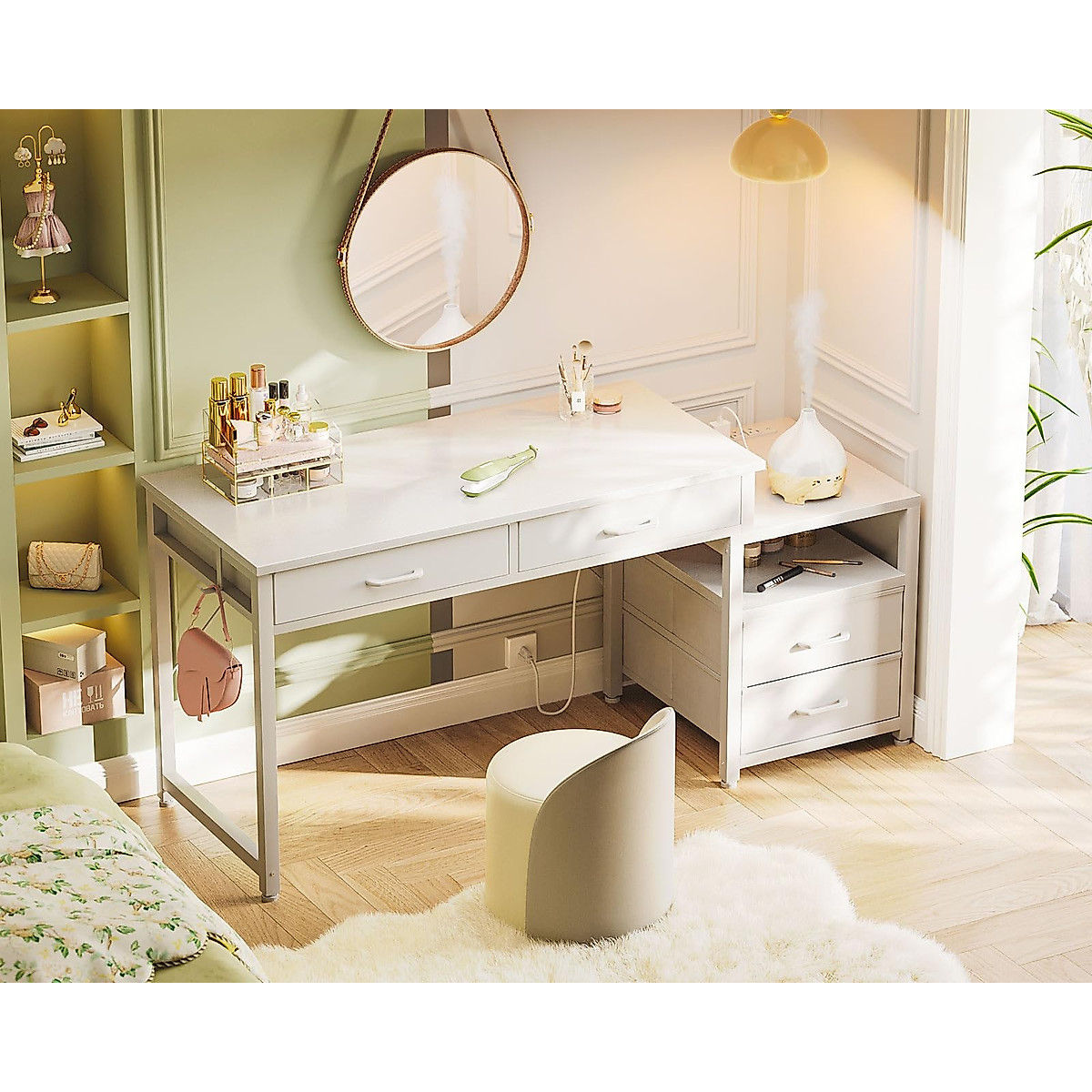 AODK Computer Desk with 4 Drawers and USB Power Outlets, Reversible Home Office Desk with Printer Stand, Small Desk with Storage Shelf, Study Writing Work Table for Bedroom, Vanity Desk, White, 53"