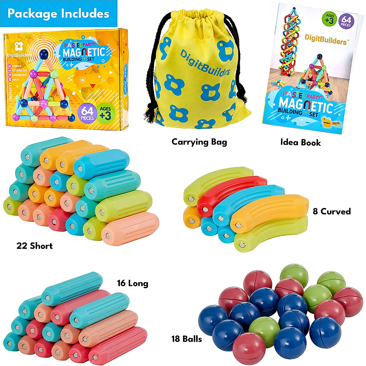 BrainSpark 64PCS DigitBuilders, Fun & Educational Magnetic Building Sticks and Balls for Kids STEM Learning, Montessori Preschool Toys