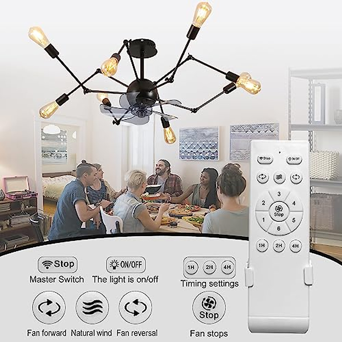 Aukali Ceiling Fans with Lights, Low Profile Ceiling Fan with Lights Remote Control, 45" Flush Mount Ceiling Light, Timer, 6 Speeds, Vintage Chandeliers for Dining Room, Bedroom (8 Lights)