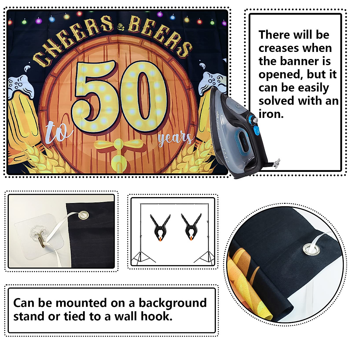 4 x 6ft Happy 50th Birthday Party Decorations Banner Black and Gold - Cheers and Beers to 50 Years Anniversary Photo Booth Backdrop party Supplies for Women and Men