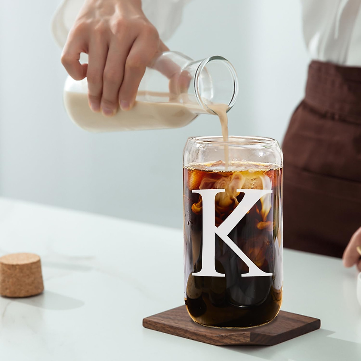 Elysine Initial Glass Cup 16oz, Monogrammed Gifts for Women, Glass Can Cup w/Bamboo Lid Straw,Personalized Valentines Mother Day Birthday Gifts for Women, Mom, Wife, Girlfriend, Sister, Friends (K)