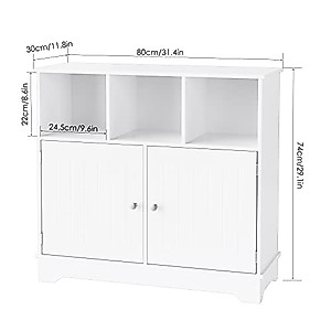 HORSTORS Floor Storage Cabinet, Linen Freestanding Bathroom Cabinet, Side Accent Cabinet with Doors and 3 Open Cubes for Home Office, 31.4" L x 11.8" D x 29.1" H, White