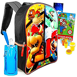Super Mario Backpack for Kids - 16" Mario and Luigi Backpack Bundle with Over 300 Mario Stickers, Superhero Stampers, and More (Super Mario Backpack for Boys)