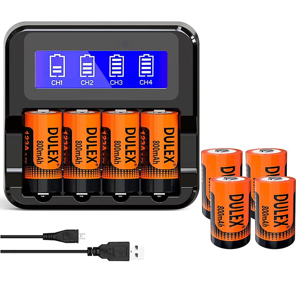 DULEX 4-Pack 3.7V 800mAH 123A Rechargeable Batteries and Charger Replacement 3V CR123A Batteries Compatible with Arlo VMS3130 VMC3030 3200 3330 3430 3530 Security Cameras, Alarm System, Flashlight