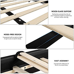 TTVIEW Modern Faux Leather Upholstered Platform Bed Frame with Iron Metal Decor, Adjustable Curved Headboard, Wooden Slats Support, No Box Spring Needed, Queen Size, Black