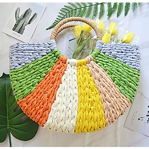 QZUnique Straw Handbags Rainbow Stitching Top Handle Tote Women's Summer Beach Natural Casual Satchel Shoulder Bag