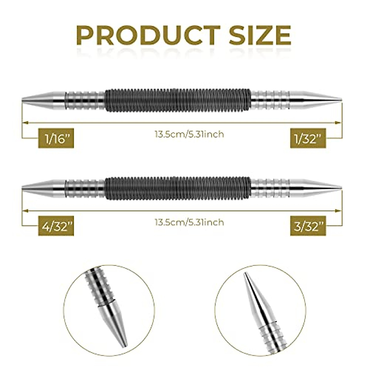 Grevosea 2 Pieces Spring Nail Set, Nail Set Tool and Hinge Pin Tool Dual Head Nail Setter Hammerless 1/8 1/16 and 1/32 Inch Spring Pin Punch Nail 3500 Psi Striking Force Door Pin Siding Removal Tool