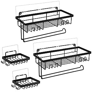 KamzoDia 4 Pack Shower Caddy Shelf Organizer with Hanging Sponge, No Drilling Adhesive Wall Mounted, Accessories Bathroom Storage Basket Shampoo Holder Kitchen Rack, Rustproof Stainless Steel Black