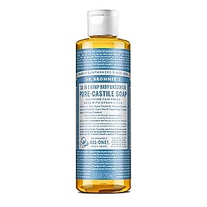Dr. Bronners - Pure-Castile Liquid Soap (Baby Unscented, 8 Ounce) - Made with Organic Oils, 18-in-1 Uses: Face, Hair, Laundry, Dishes, For Sensitive Skin, Babies, No Added Fragrance, Vegan, Non-GMO
