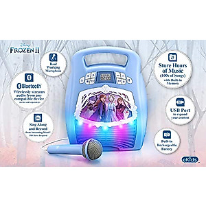 Frozen 2 Bluetooth Portable MP3 Karaoke Machine Player with Light Show Store Hours of Music with Built in Memory Sing Along Using The Real Working Microphone USB Port to Expand Your Content