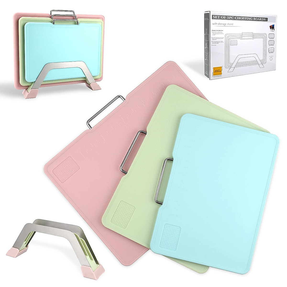 FIVETAS cutting boards for kitchen dishwasher safe,set of 3 with holder,plastic cutting boards with Easy-Grip Handles.GARLIC GRINDING AREA. BPA Free, Non-porous Non-Slip Feet