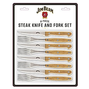 Jim Beam Set of 8 Ideal, Chicken, Pork and More-Steak Knives and Forks Made of Stainless Steel Blade and Contoure, Medium, Light Brown, JB0208