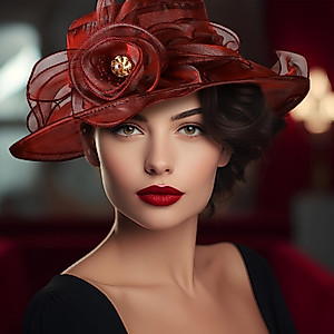 Breathffy 4 Pcs Derby Hats Women Organza Church Fascinator Bridal Flower Hat Wide Brim White Church Hat for Derby Day Wedding Tea Cocktail Party Sun, Beige Red White Pink