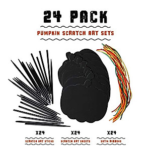 Neliblu Halloween Scratch Art Trick or Treak Paper Crafts Kit Bulk Pack of Halloween Pumpkins with Magic Rainbow Colors - 24 Pumpkin Ornaments, 24 Scratch Sticks, 24 Ribbons