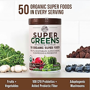 COUNTRY FARMS Super Greens Chocolate Flavor, 50 Organic Super Foods, USDA Organic Drink Mix, Fruits, Vegetables, Super Greens, Mushrooms & Probiotics, Supports Energy, 20 Servings, 10.6 Oz