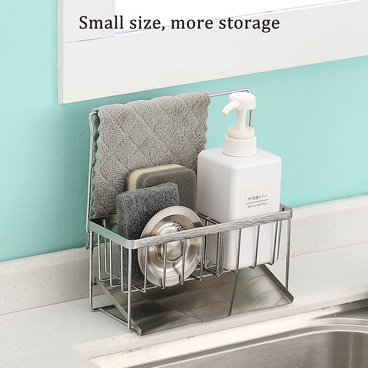 JINSILU Sink Caddy with Drain Tray, Kitchen Sink Caddy for ponge Dish Brush Soap, Kitchen Sink Organizer for Kitchen Bathroom, Sus304 Stainless Steel Rustproof