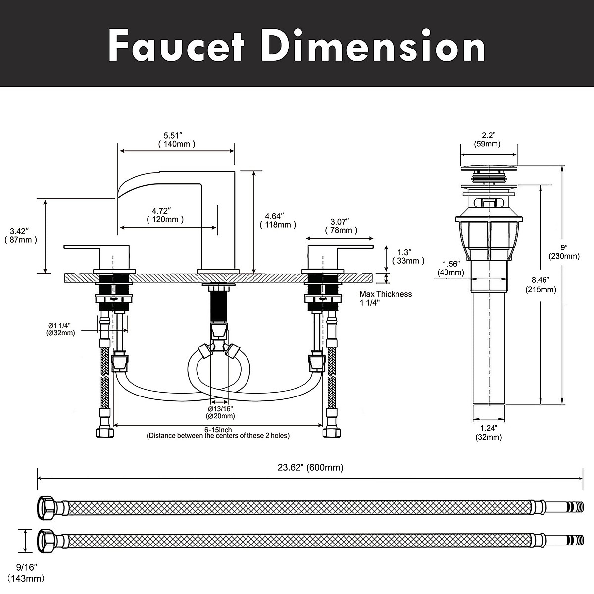 CEINOL Waterfall Bathroom Faucet Matte Black, Bathroom Sink Faucet 3 Hole, Widespread Bathroom Faucet Set with Pop Up Drain and Hose