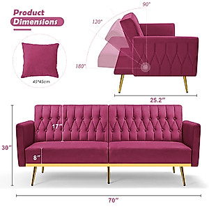 Lesofair 70" Velvet Futon with Adjustable Backrest and Armrests, Sofa Bed with with Extra Pillows for Waiting Room, Living Room and Office, Fuchsia
