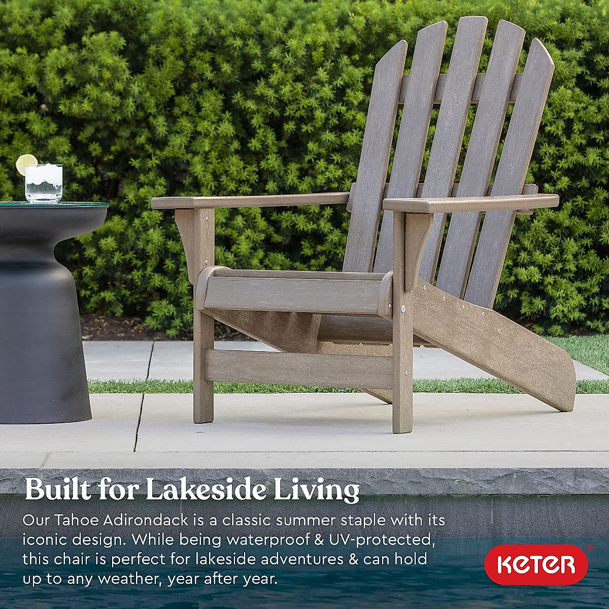Keter Tahoe Adirondack Chair with Weatherproof Finish, Outdoor Furniture for Entertaining by The Pool, Patio, and Fire Pit, Easy Assembly for Sturdy and Steady Outdoor Seating, Weatherwood