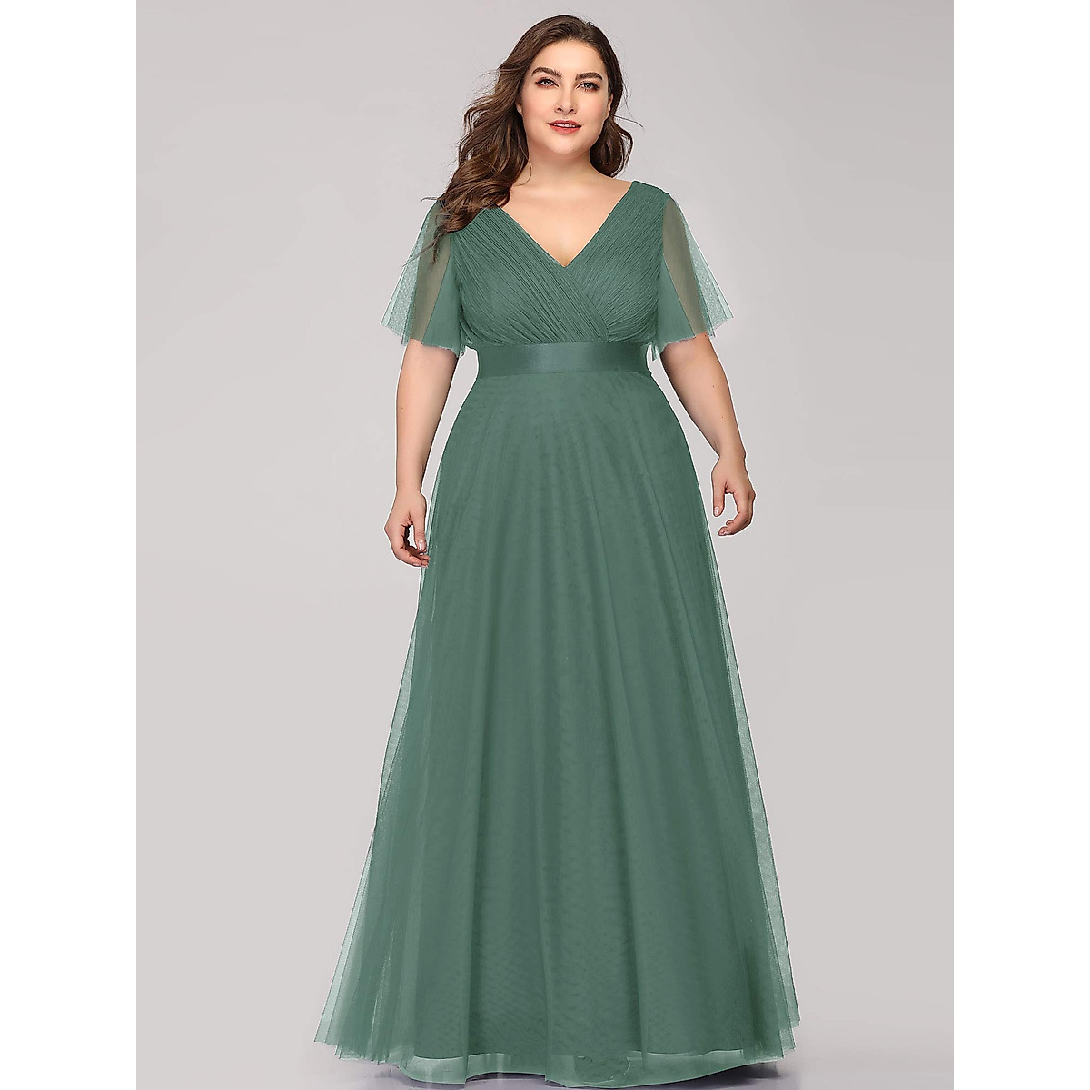 Ever-Pretty Women's Ruffle Sleeves Double V-Neck Tulle Wedding Party Dresses Plus Size Green US20