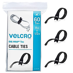 VELCRO Brand Heavy Duty Cable Ties Reusable | 60Pc Bulk Pack | 8 x 1/2" ONE-WRAP Straps, Black | Strong Wire Management | Cord Bundling for Home Office and Data Centers